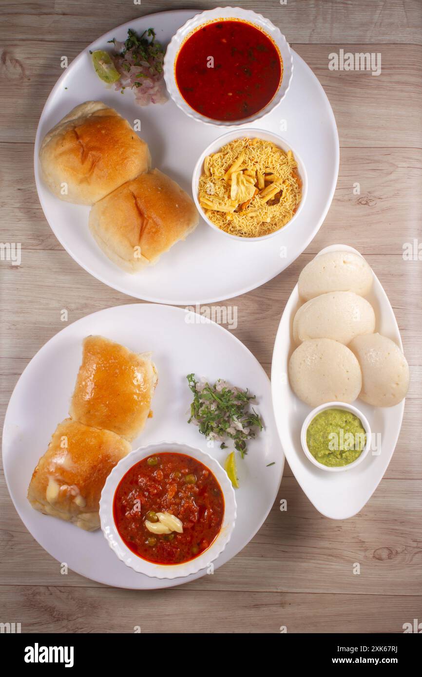 misalpav, pavbhaji and idali indian food top view Stock Photo - Alamy