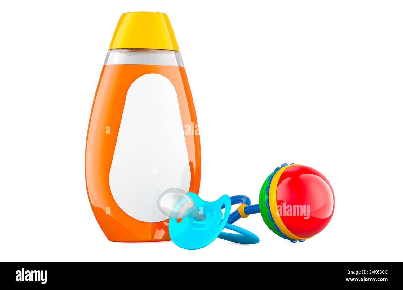 Baby Shampoo Bottle with baby pacifier and rattle. 3D rendering ...