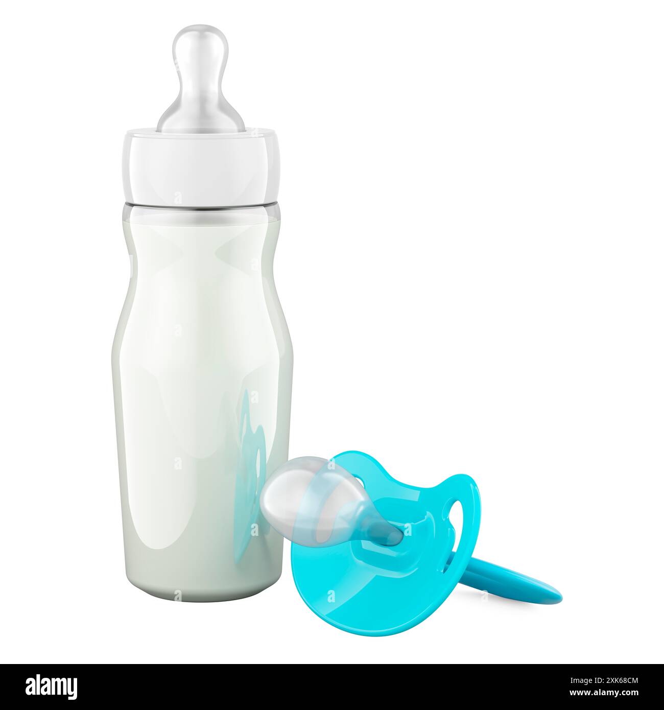Baby bottle with blue baby pacifier, 3D rendering isolated on white ...