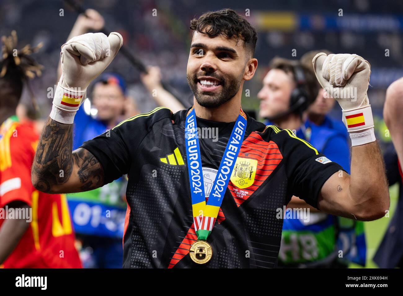 David Raya of Spain celebrates a win UEFA EURO 2024 during the UEFA ...