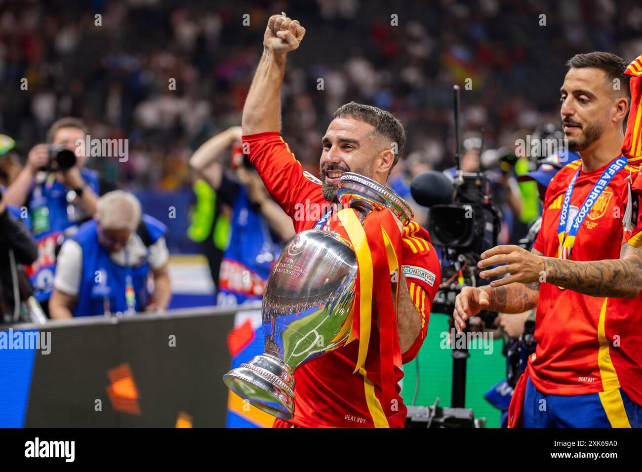 Dani Carvajal of Spain celebrates with Henri Delaunay Trophy during the ... Dani Carvajal of Spain celebrates with Henri Delaunay Trophy during the ...