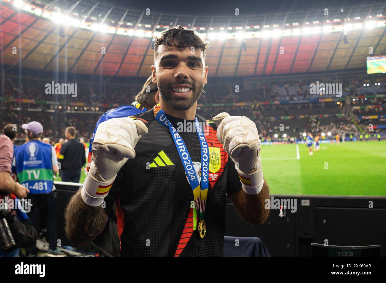 David Raya of Spain celebrates a win UEFA EURO 2024 during the UEFA ...