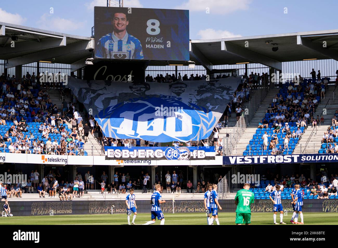 Esbjerg, Denmark. 20th July, 2024. Football fans of Esbjerg fB seen on the stands during the ...