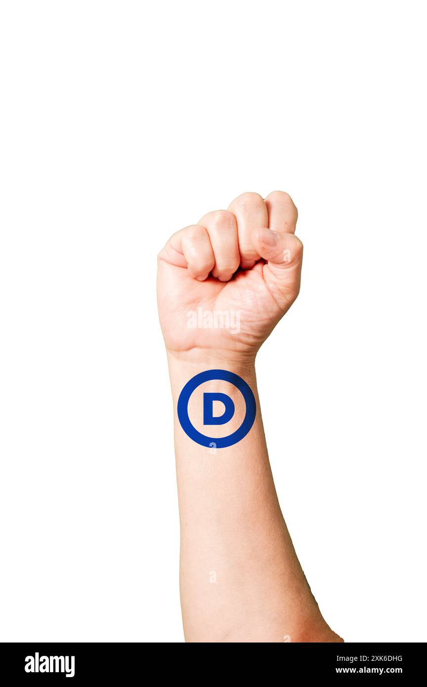 Raised fist democratic party logo white background Stock Photo - Alamy