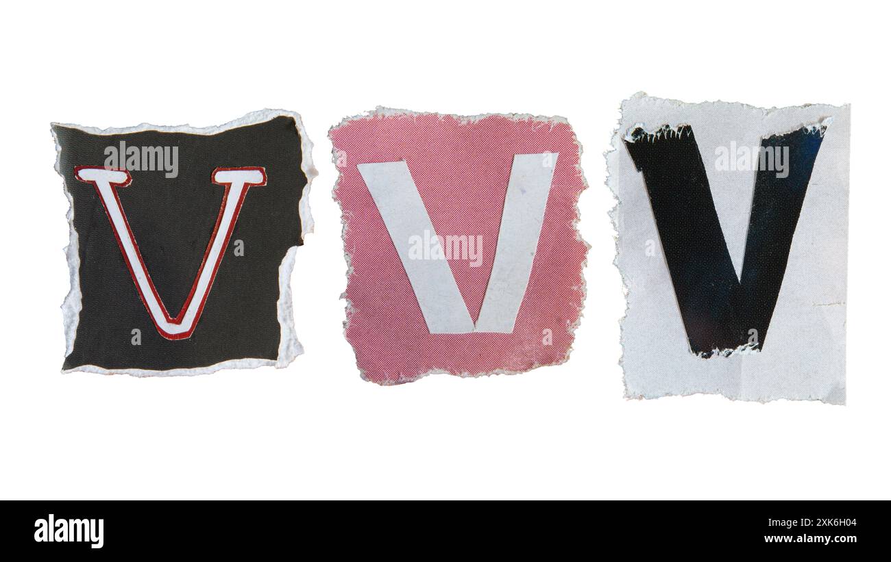 V alphabet torn from a magazine paper on white background with clipping ...