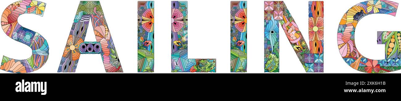 Hand-painted art design. Hand drawn illustration word SAILING for t ...