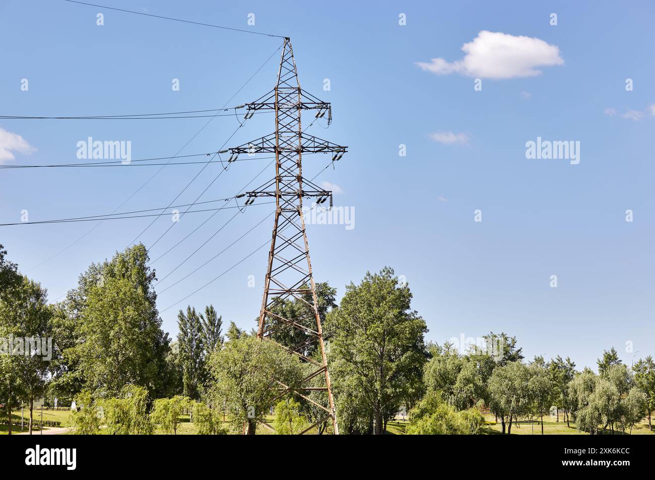 The large high-voltage transmission towers. Steel power pylon ...