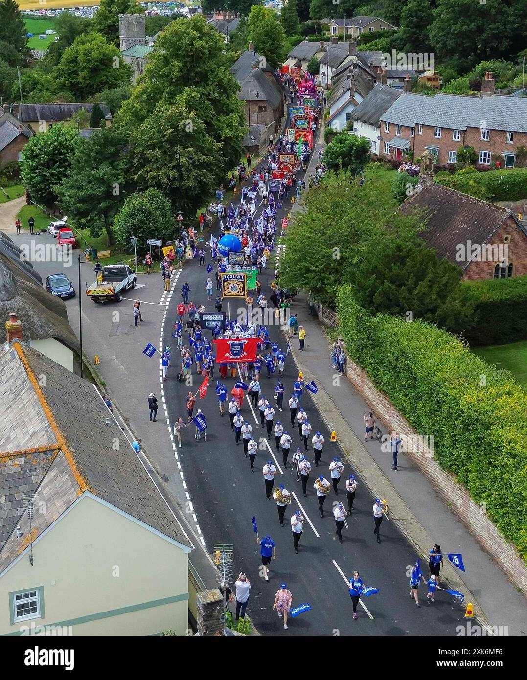 Tolpuddle, Dorset, UK. 21st July 2024. Aerial view of the parade at the ...