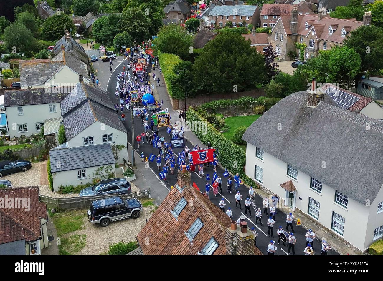 Tolpuddle, Dorset, UK. 21st July 2024. Aerial view of the parade at the ...