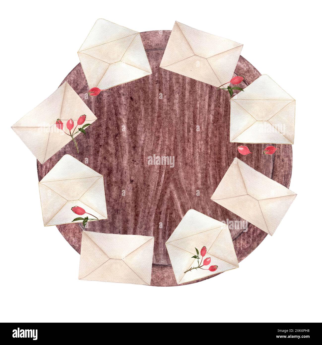 Envelopes on a wooden tray with rose-hips isolated on white. Hand ...