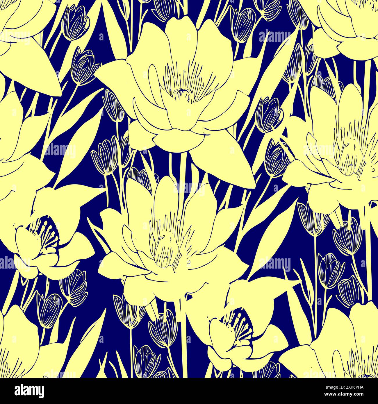 seamless yellow and blue floral pattern, monochrome ornament, design ...
