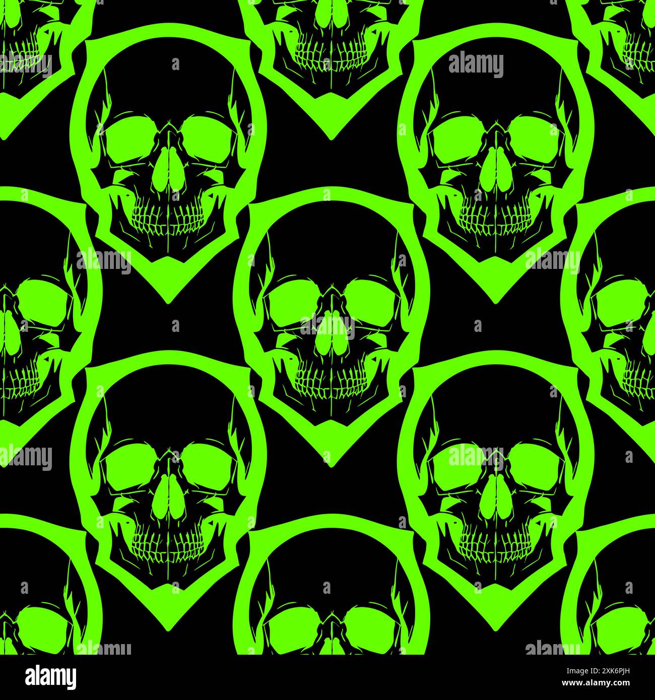 seamless symmetrical pattern of green human skulls on a black ...