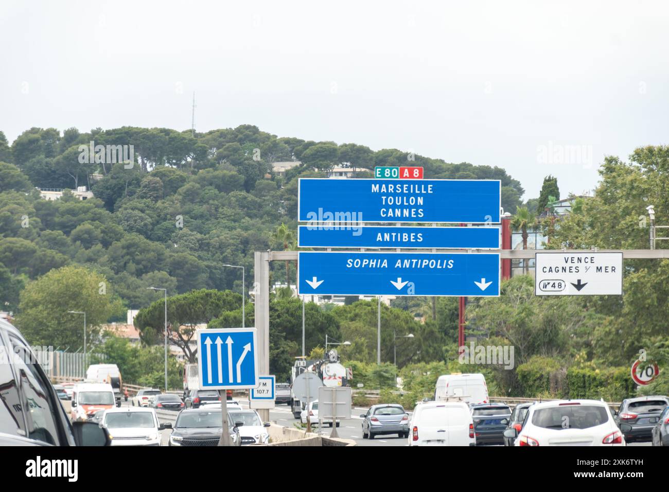 Driving car on A8 road, road signes with directions to Marseille, Digne ...