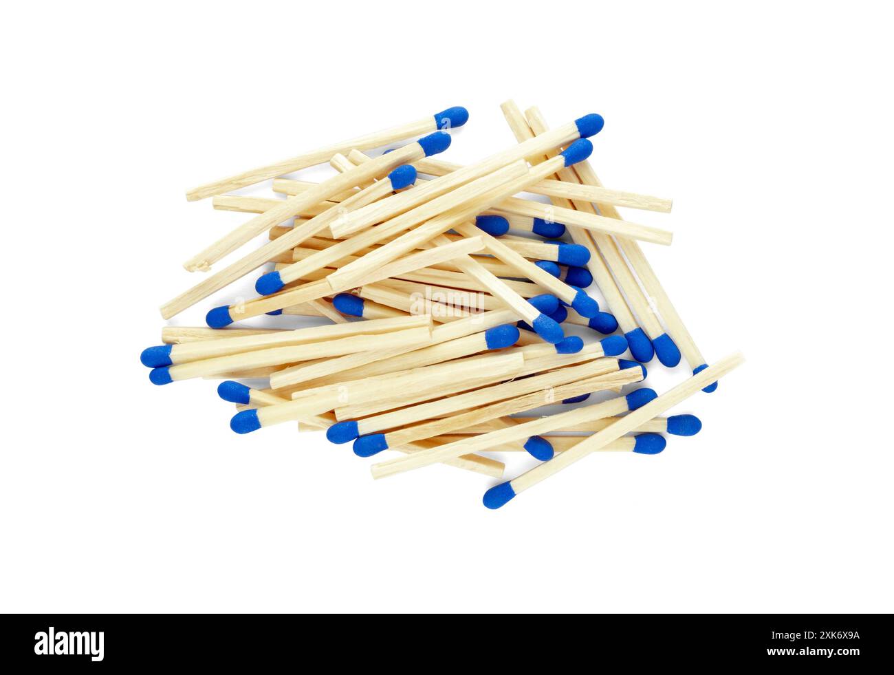 Pile of matches isolated on a white background with shadow, closeup top ...