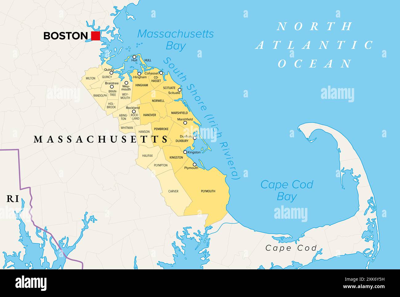 South Shore or Irish Riviera of Massachusetts, political map with municipalities. Geographic ...