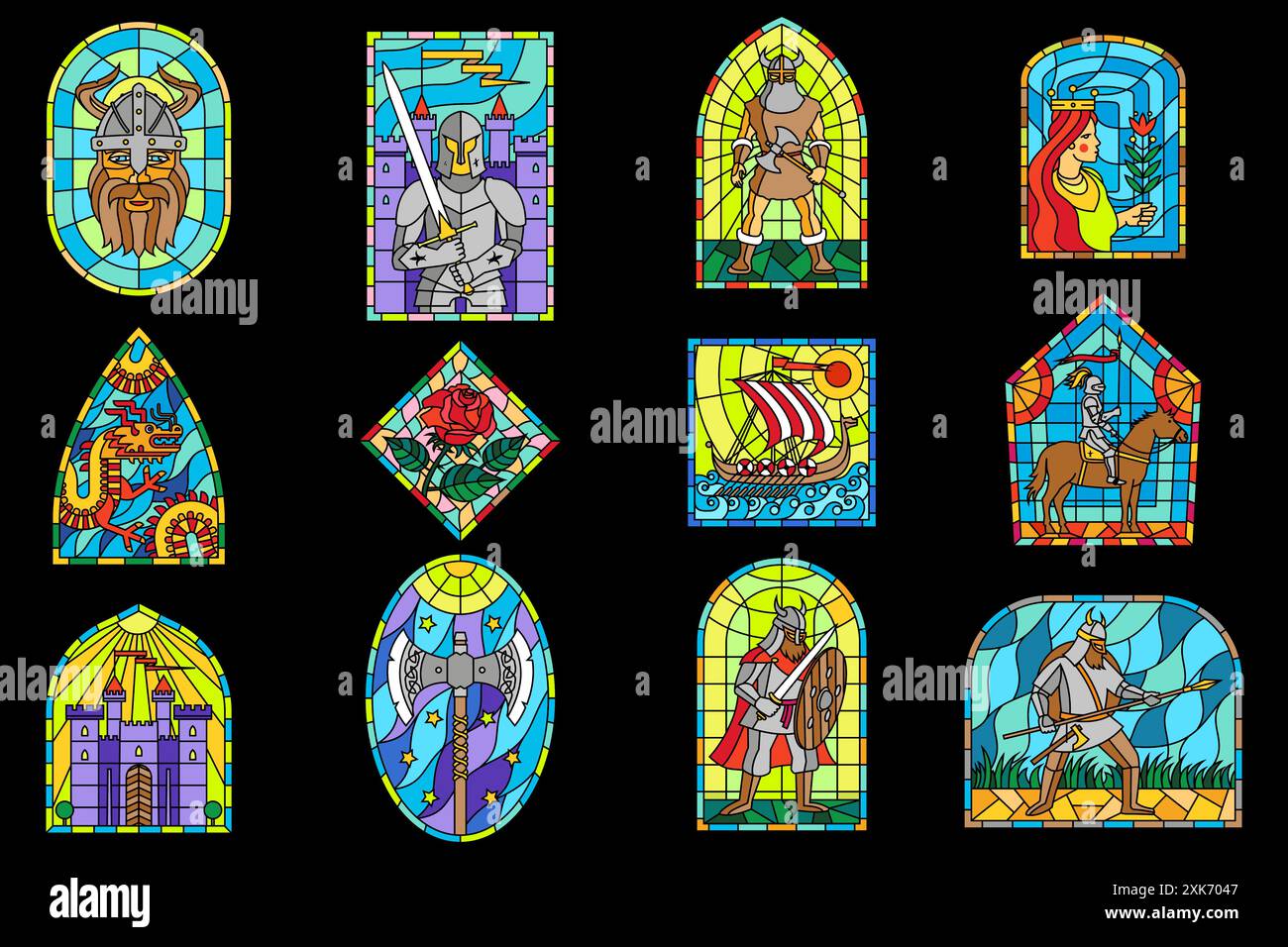 Set of Medieval colorful stained glass window. Colored gothic mosaic ...