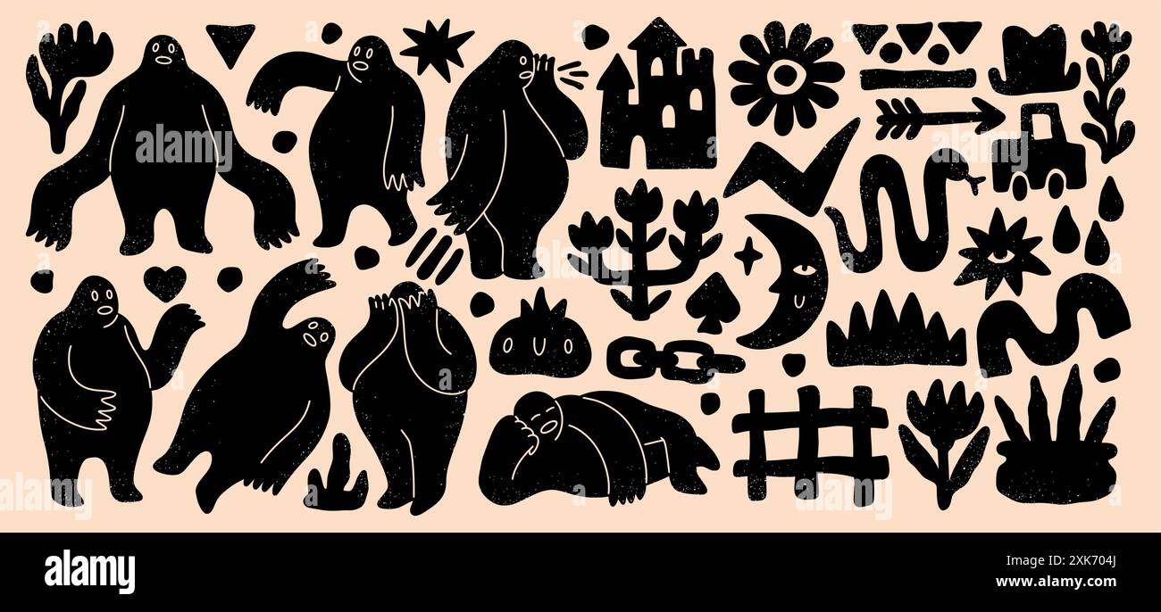 Abstract people. Doodle shapes. Hand drawn flowers and human bodies ...