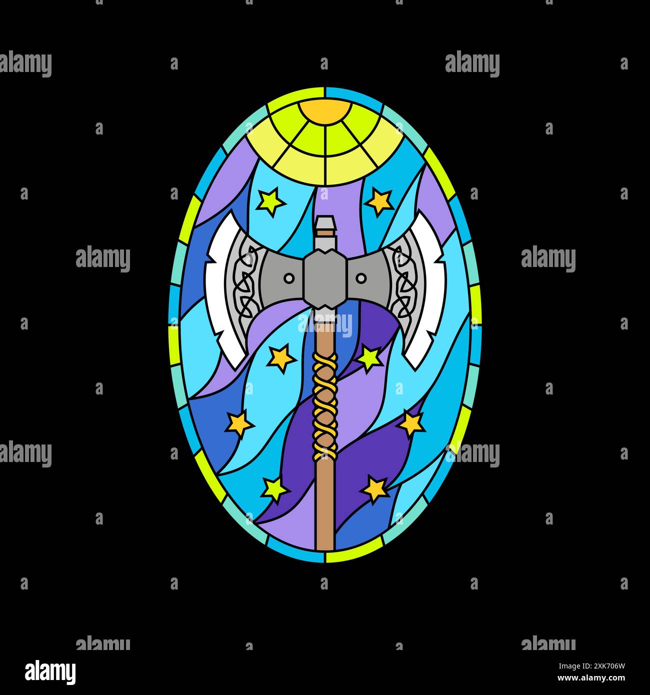 Medieval battle axe colorful stained glass window. Colored gothic ...