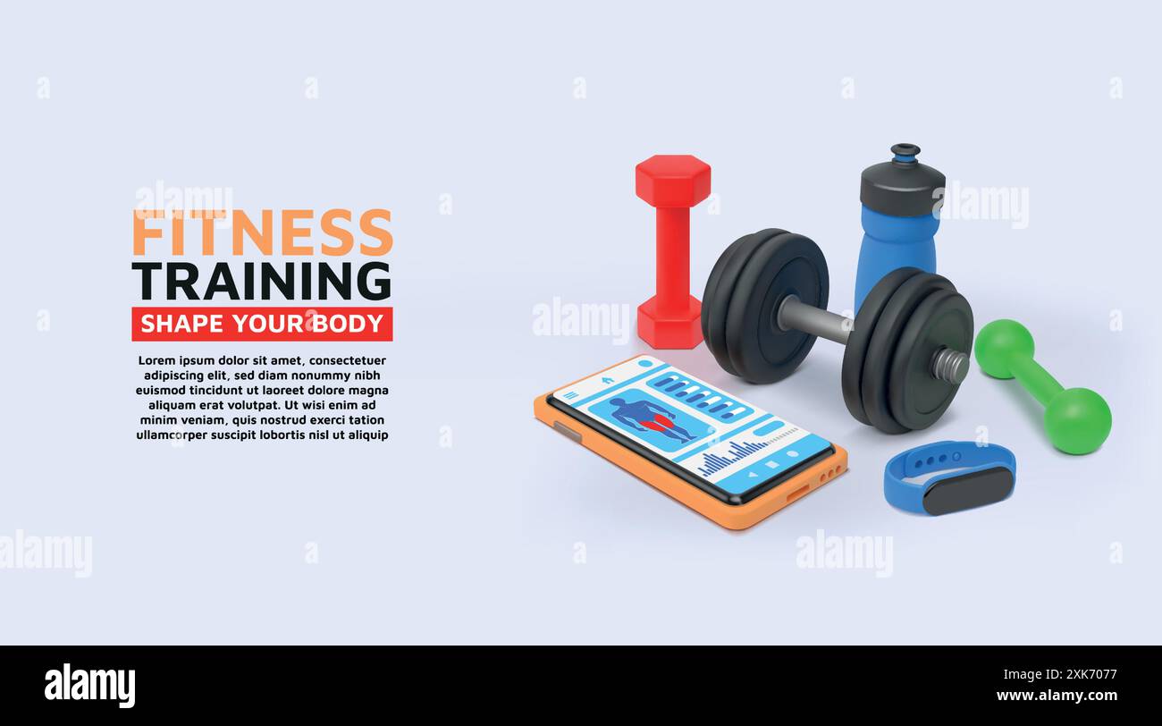 3d sport render. Gym exercises, dumbbell workout with weight and health ...