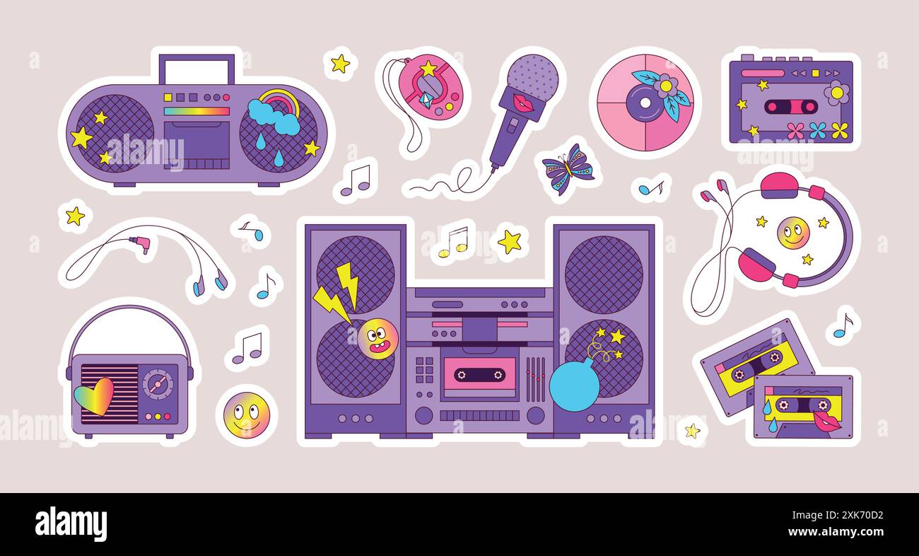 Music stickers. Girls headphone. Cute doodle heart and vintage baby ...