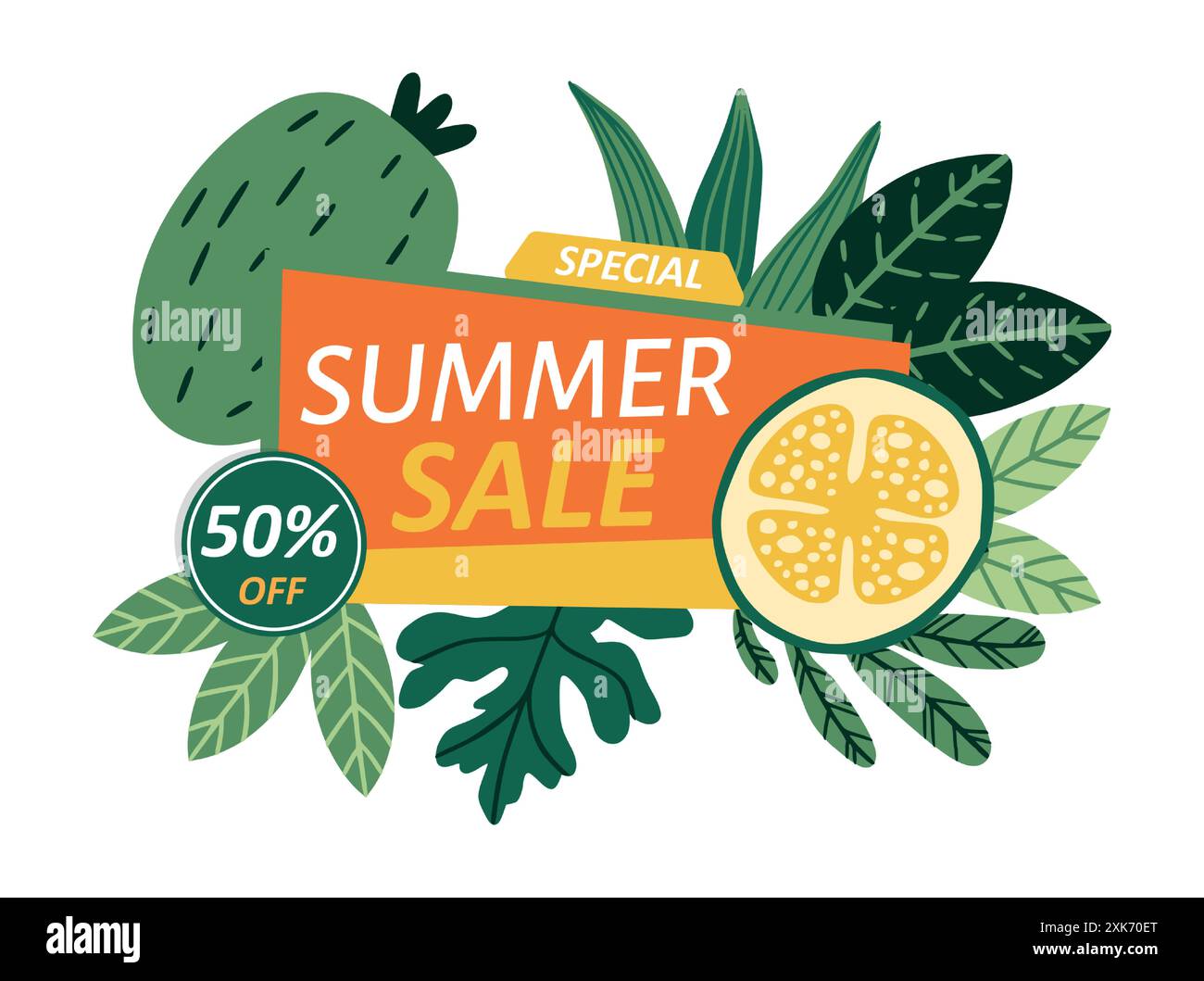 Summer sale. Tropical exotic citrus fruits and palm leaves. Special ...