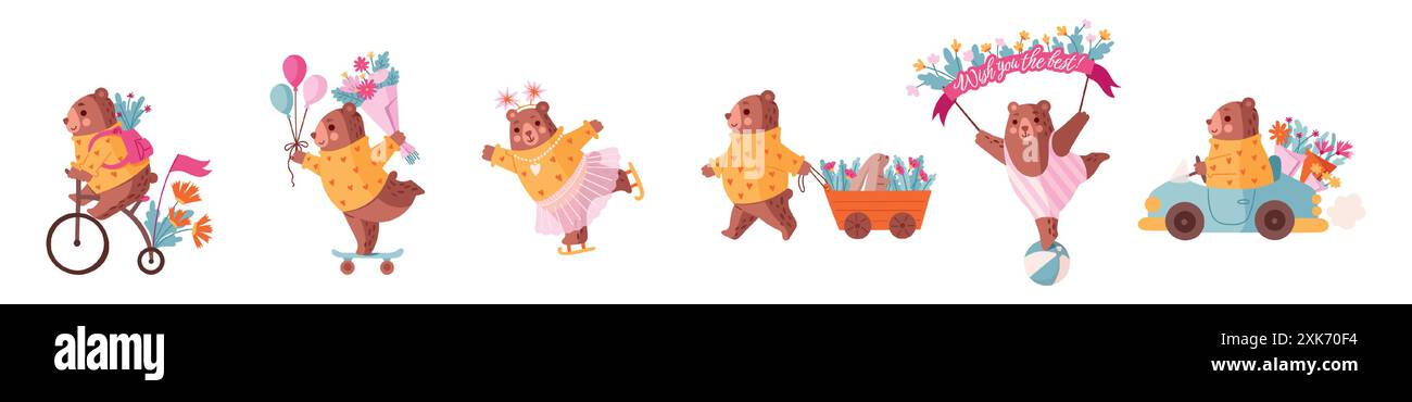 Animals on bicycle. Cute bear on bike. Funny art circus vintage ...