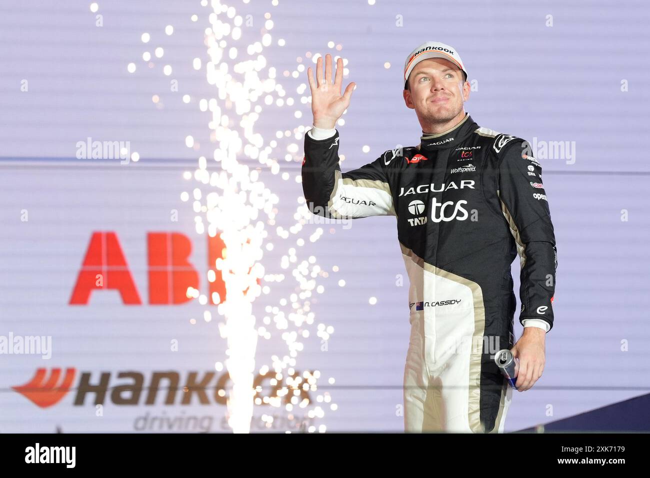Jaguar TCS Racing's Nick Cassidy waves as he goes to collect his third ...