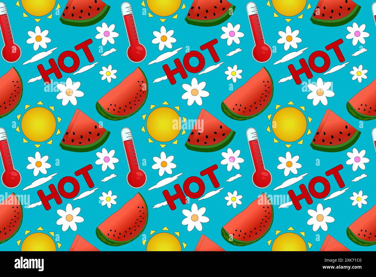 Vibrant summertime pattern featuring watermelons, suns, thermometers ...