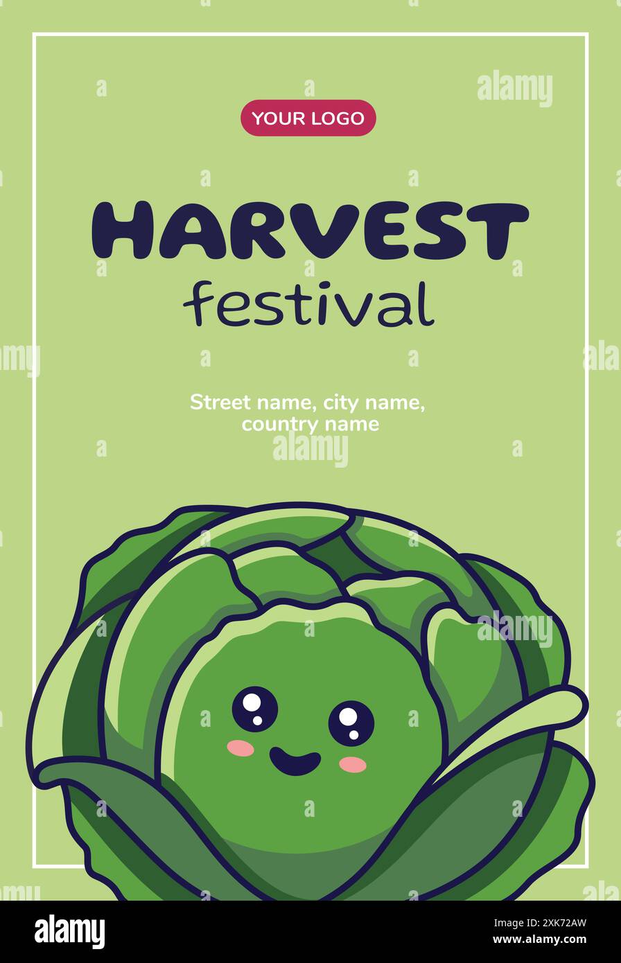 Harvest festival flyer with Kawaii cabbage character. Advertising poster, banner, leaflet ...
