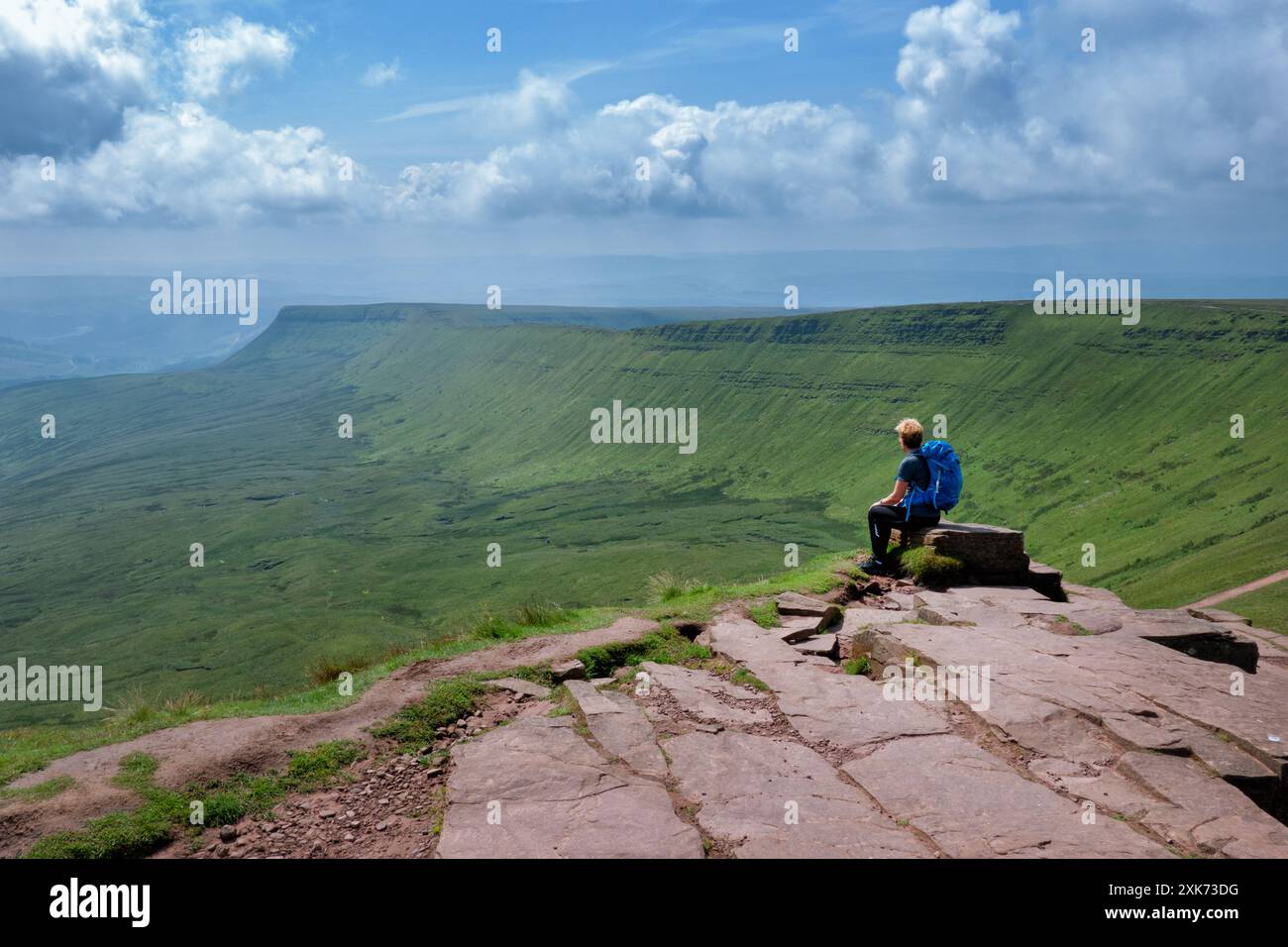 Brecon Beacons Wales. A lone female walker sitting and resting on the ...