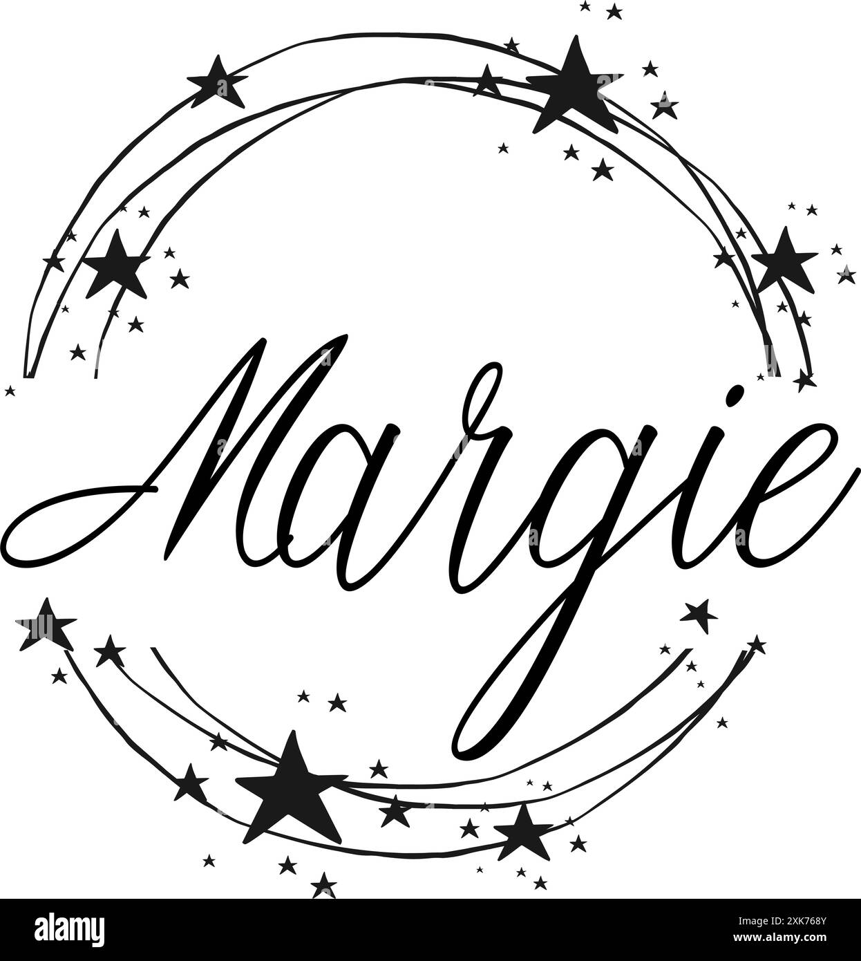 Margie - name written between circles and stars, round logo, vector ...
