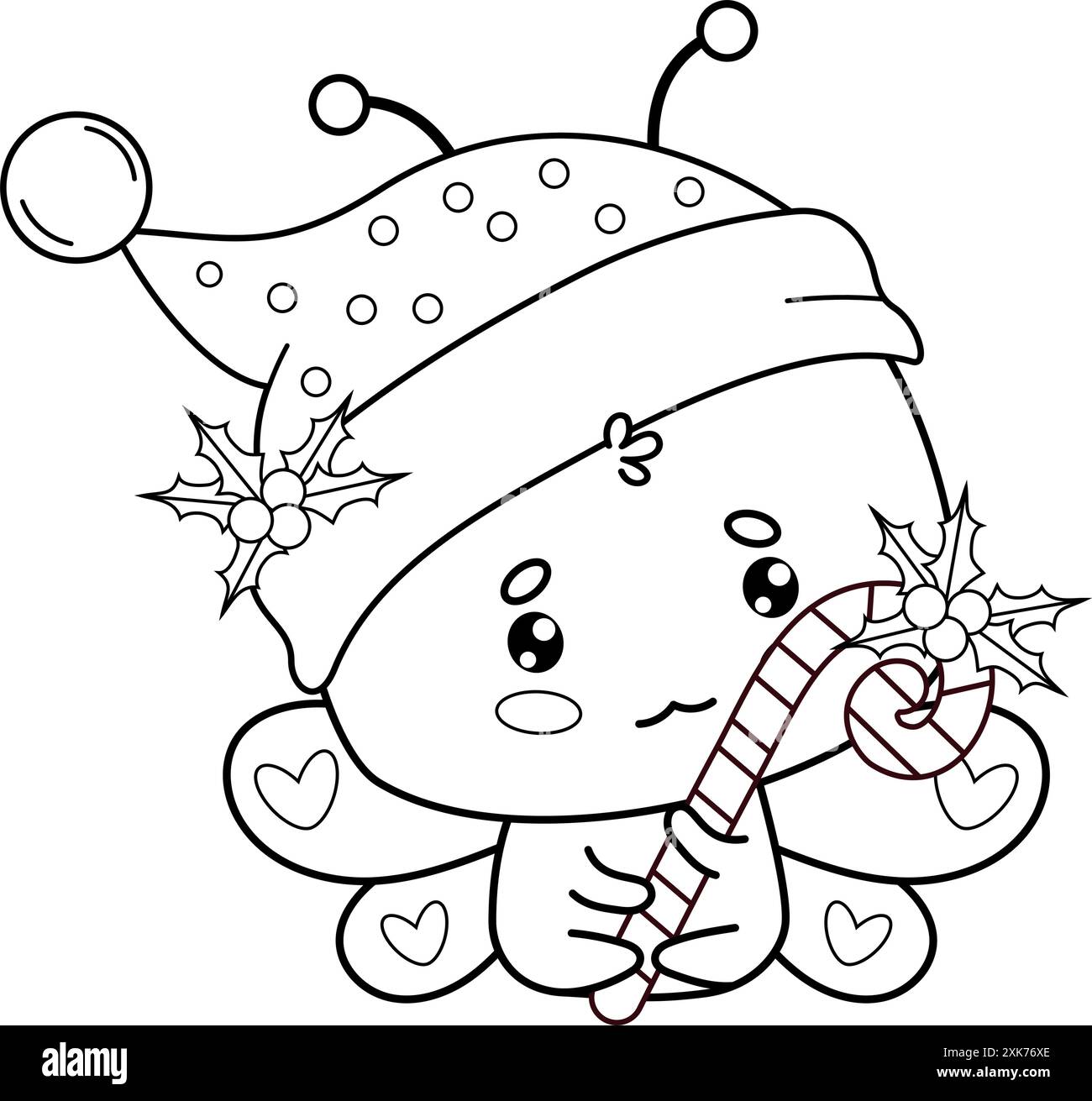 Christmas butterfly in Santa hat with striped candy cane. Outline ...
