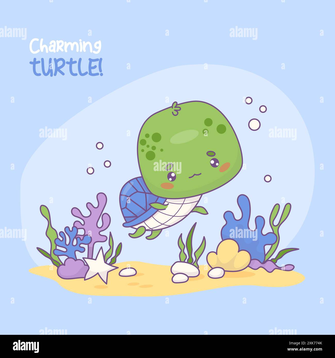 Cute charming turtle. Underwater world with cartoon kawaii character ...