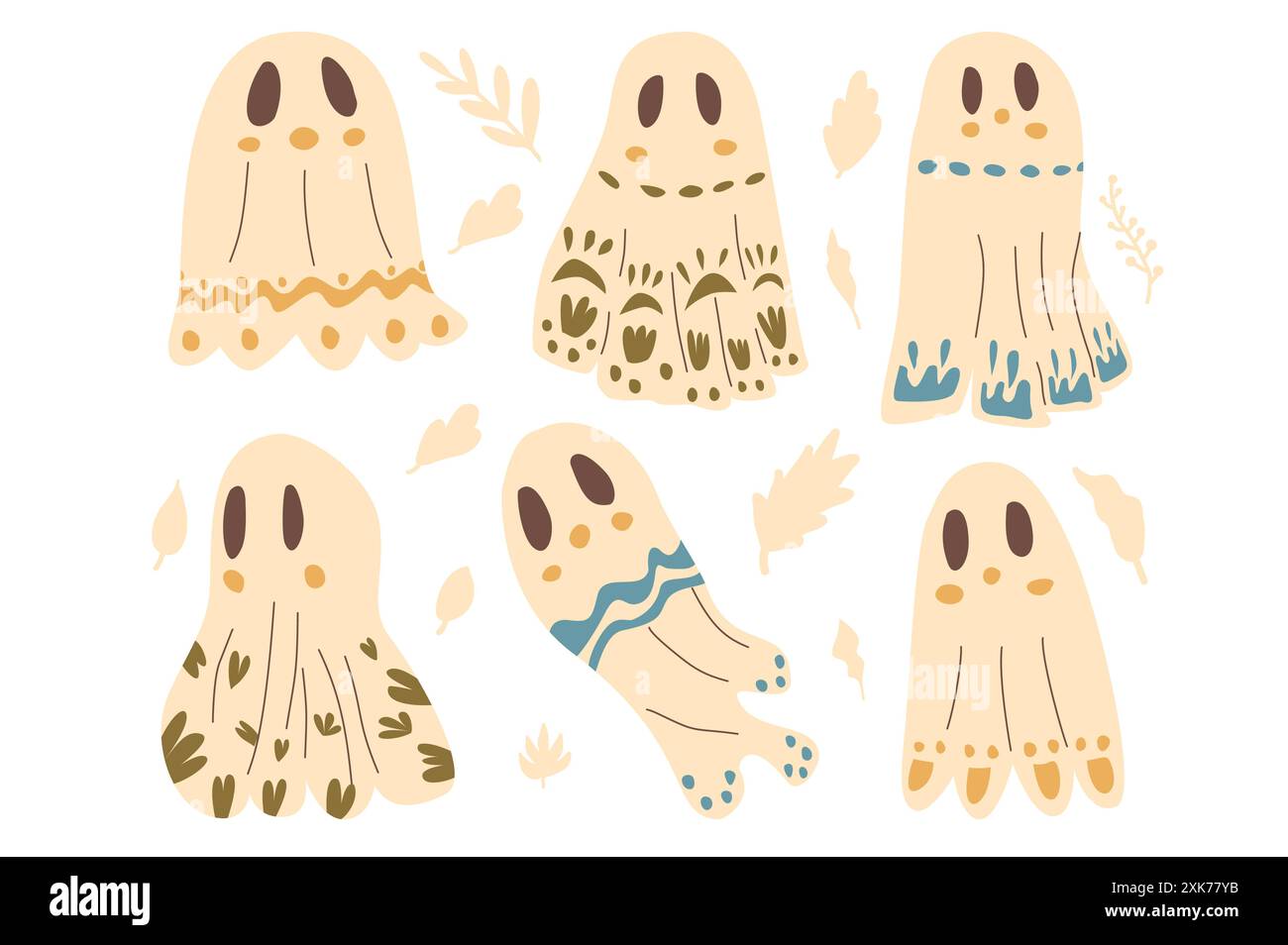 Cute Halloween ghost set with rustic pattern. Vector hand drawn flat ...