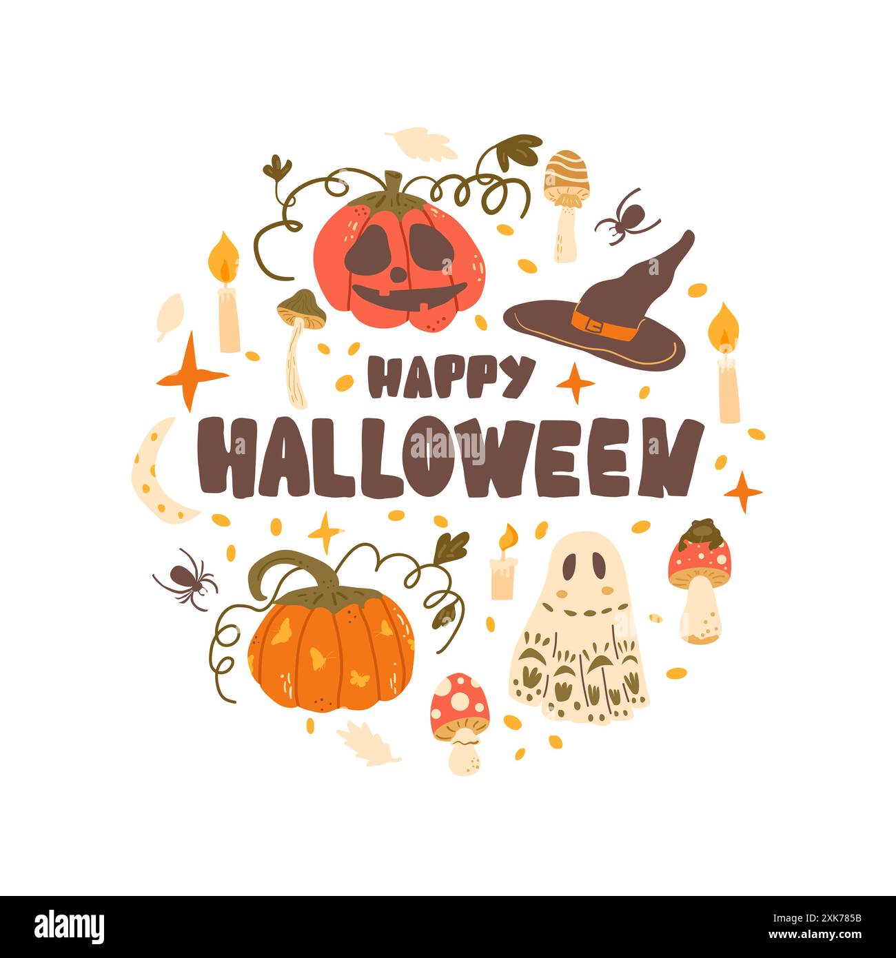 Happy Halloween round composition. All Hallows' Eve icon with Pumpkins ...