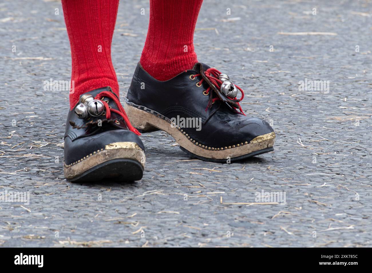 Close-up of clogs with bells on worn by a female morris dancer, England ...