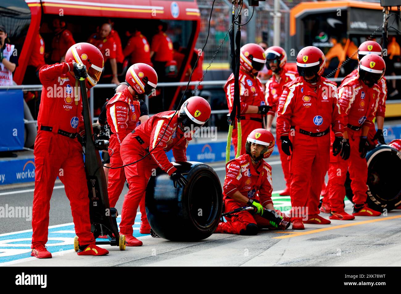 Scuderia Ferrari mechanic, mecanicien, mechanics during the Formula 1 Hungarian Grand Prix 2024 ...