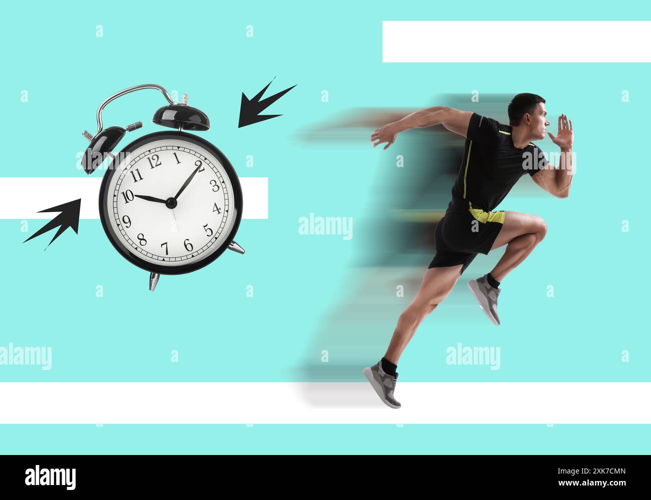 Athletic man running away from alarm clock on cyan background. Time ...