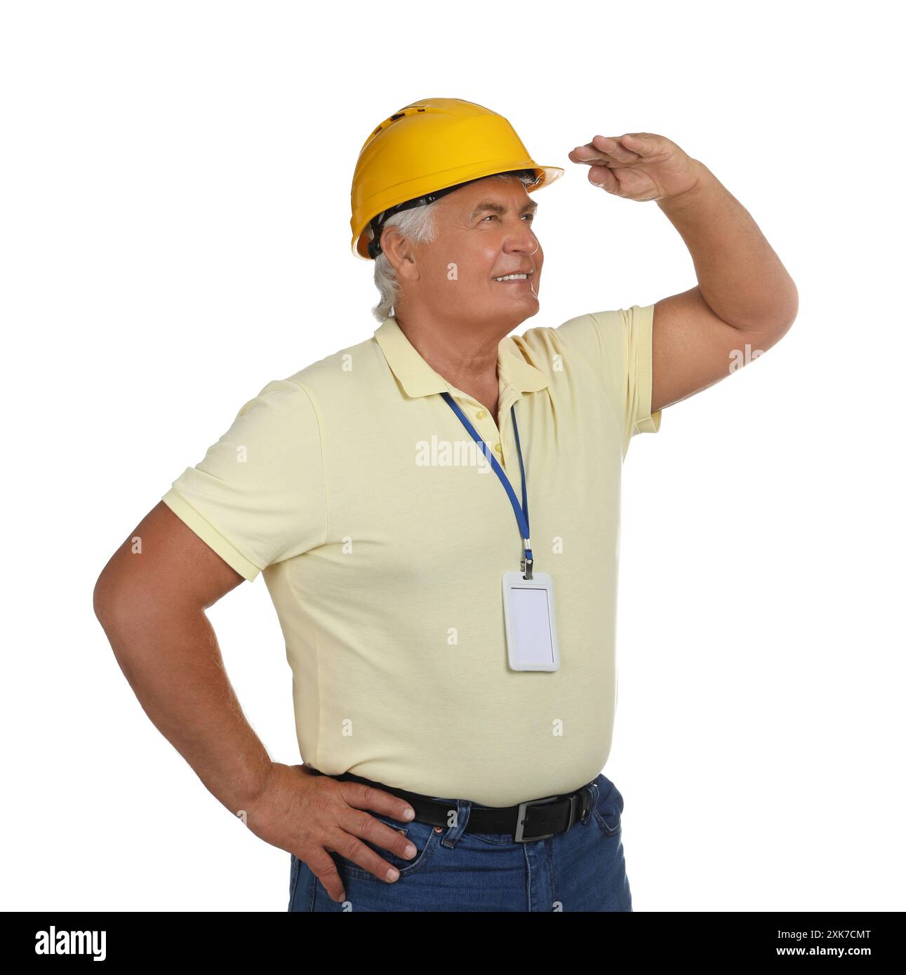 Engineer in hard hat on white background Stock Photo - Alamy