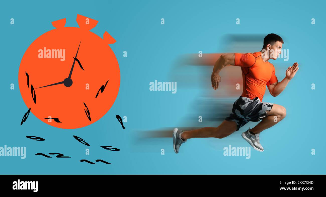 Athletic man running away from illustration of stopwatch on light blue ...
