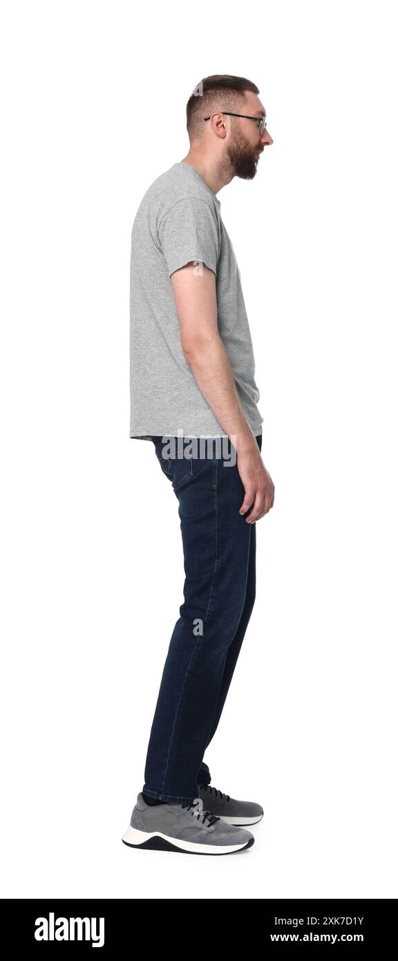 Man with poor posture on white background Stock Photo - Alamy