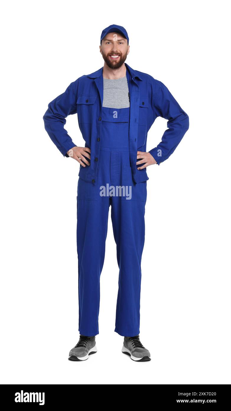 Professional auto mechanic in blue uniform on white background Stock ...