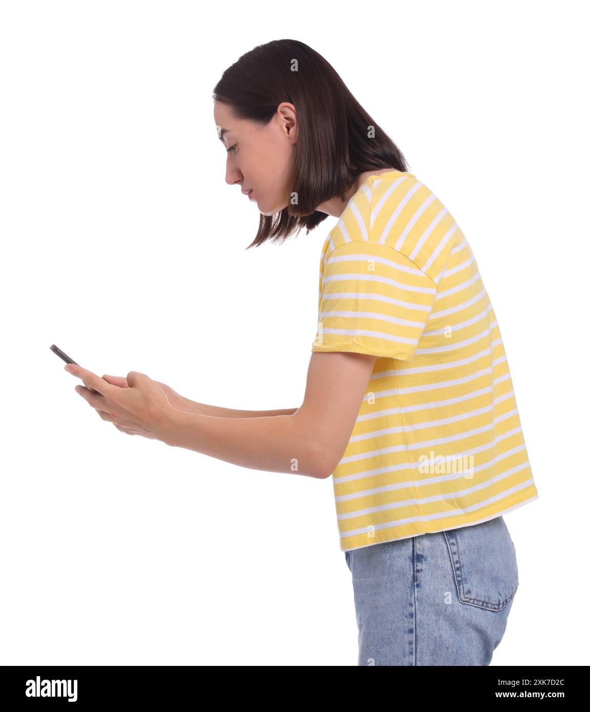 Woman with poor posture using smartphone on white background Stock ...