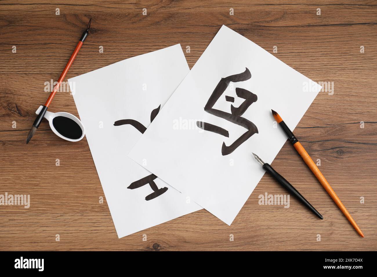 Calligraphy. Papers with written words Bird, River and Entrance in ...