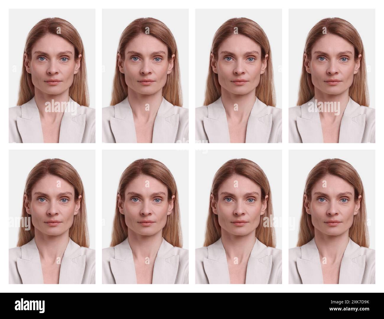 Portrait of woman on white background, set. Passport photo Stock Photo ...