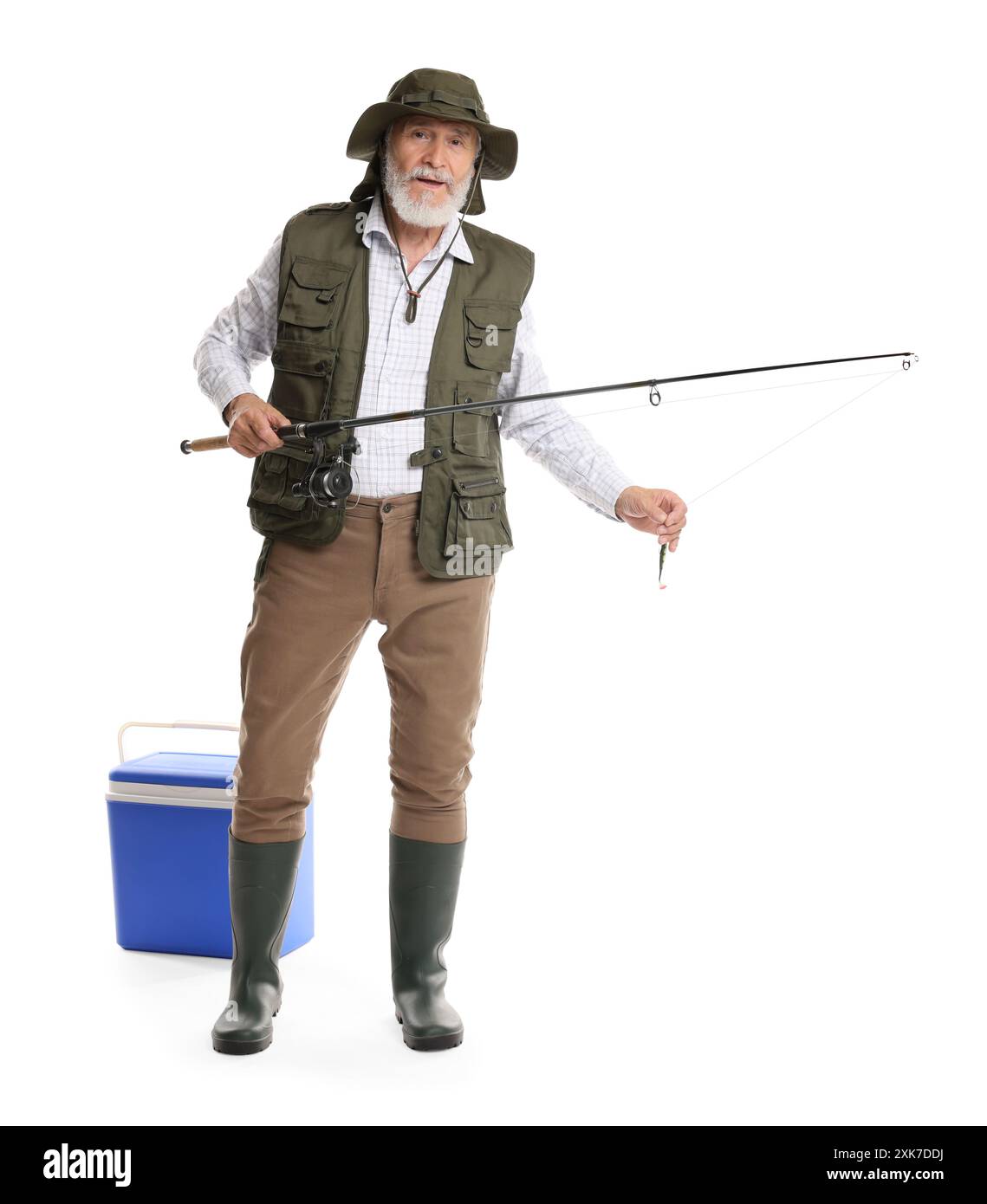 Fisherman with rod and cool box on white background Stock Photo - Alamy