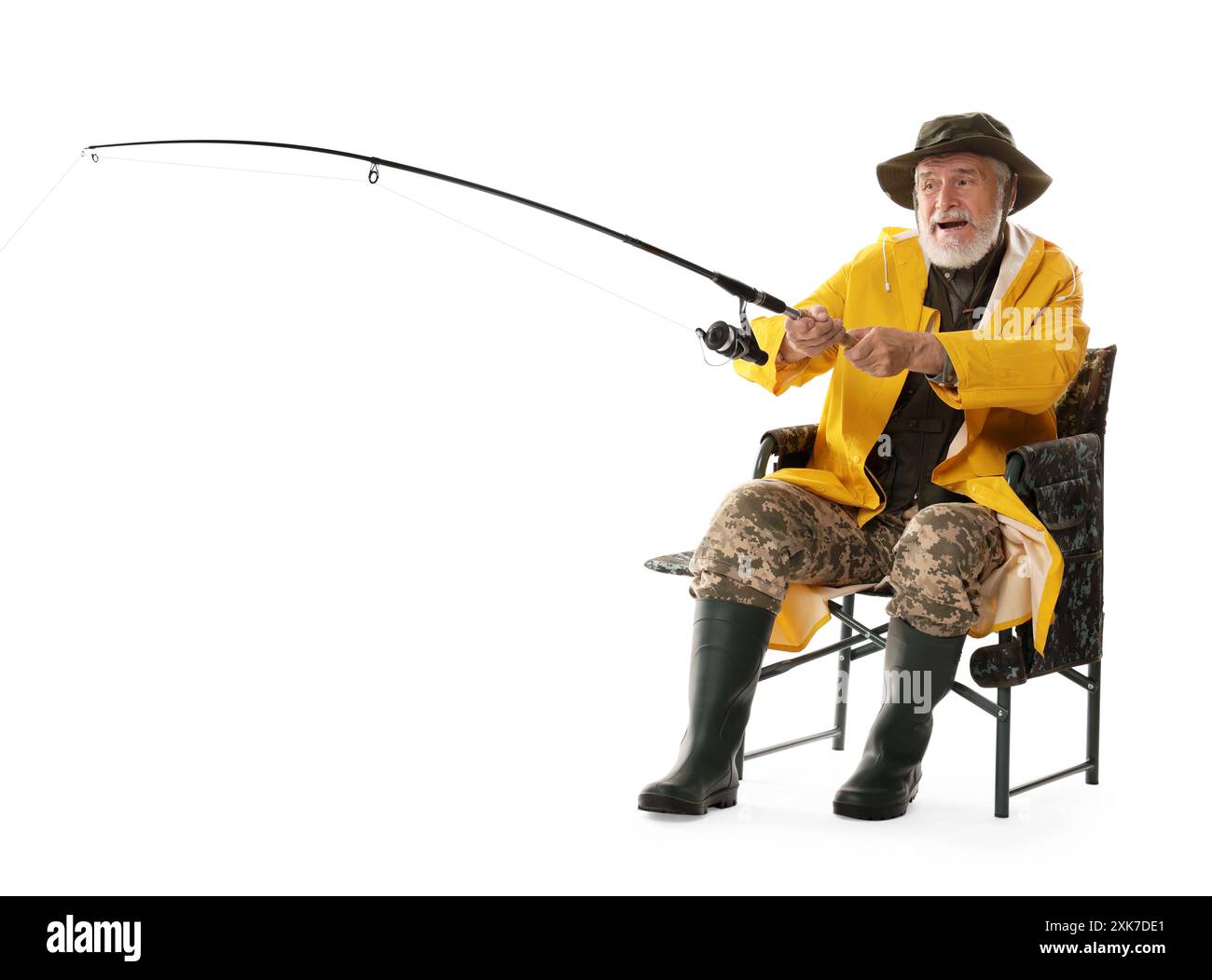 Fisherman with rod on fishing chair against white background Stock ...
