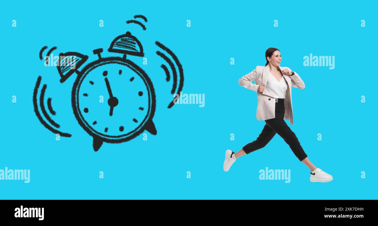 Businesswoman running away from illustration of alarm clock on light ...