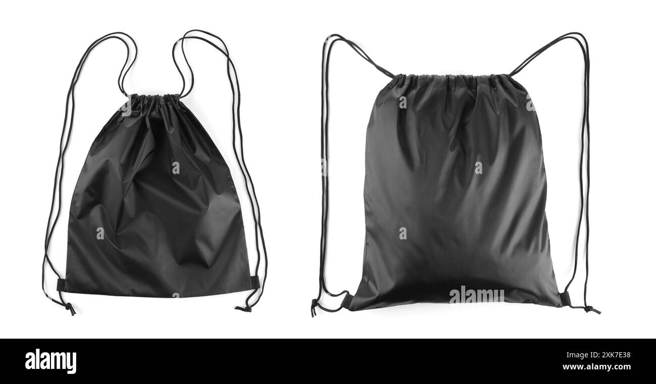 Collage of empty and filled black drawstring bag isolated on white ...