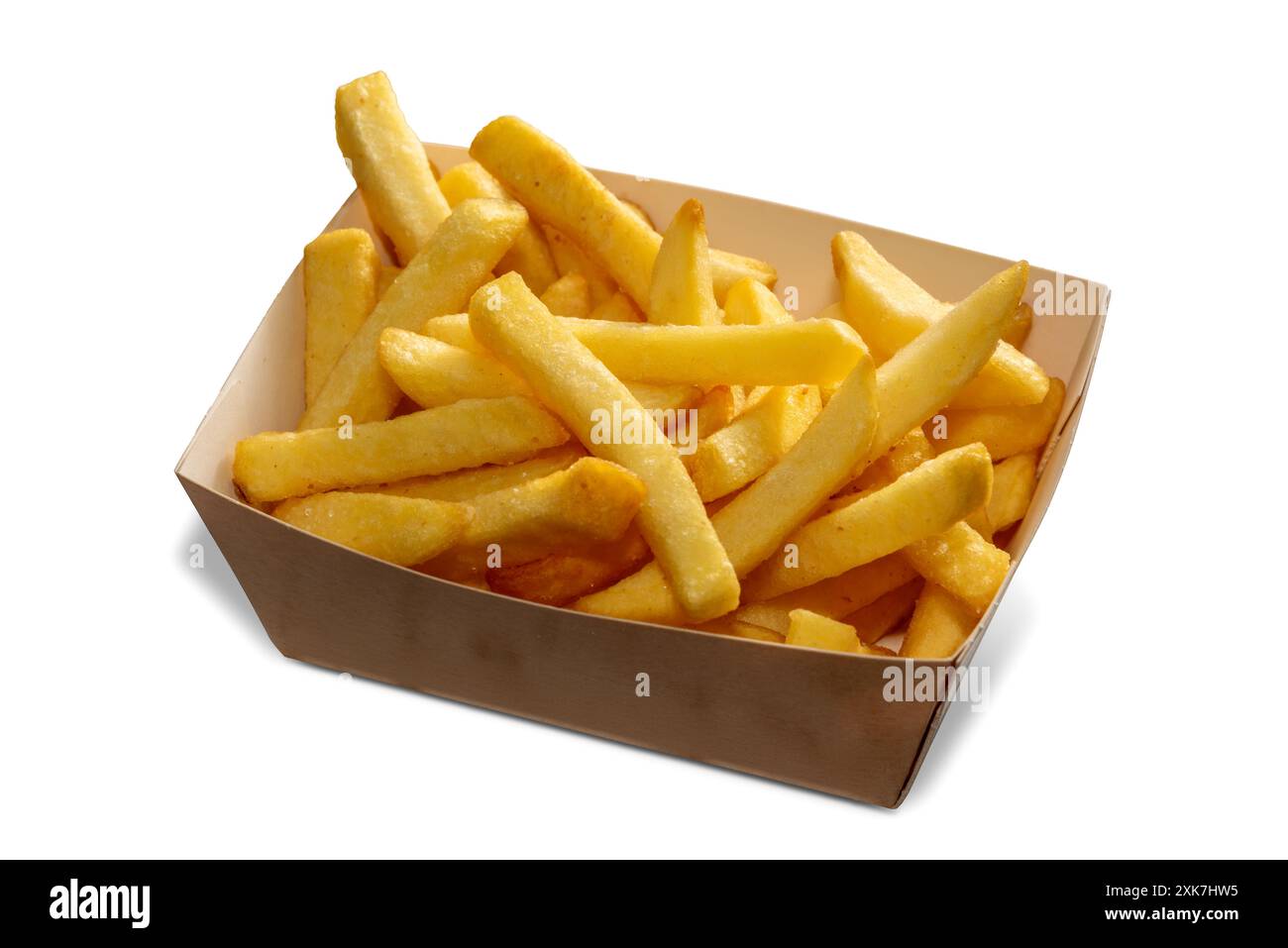 French fries in cardboard take way tray isolated on white with clipping ...